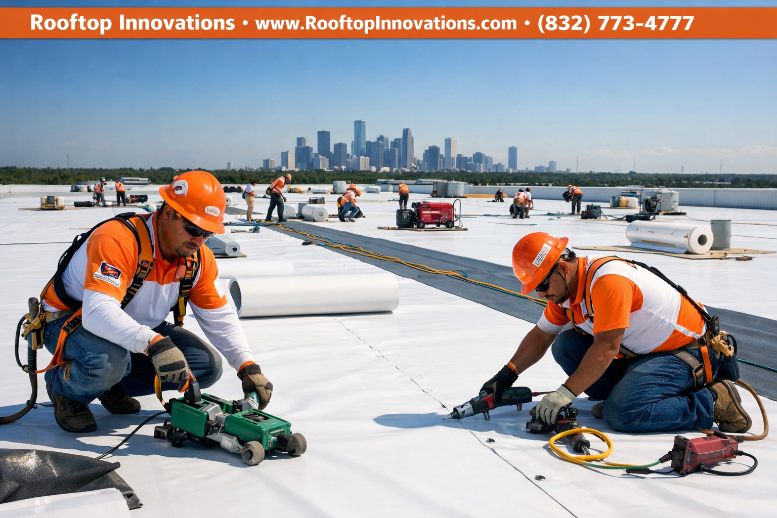 Wide-angle ground-level shot of a commercial roofing crew from Rooftop ...